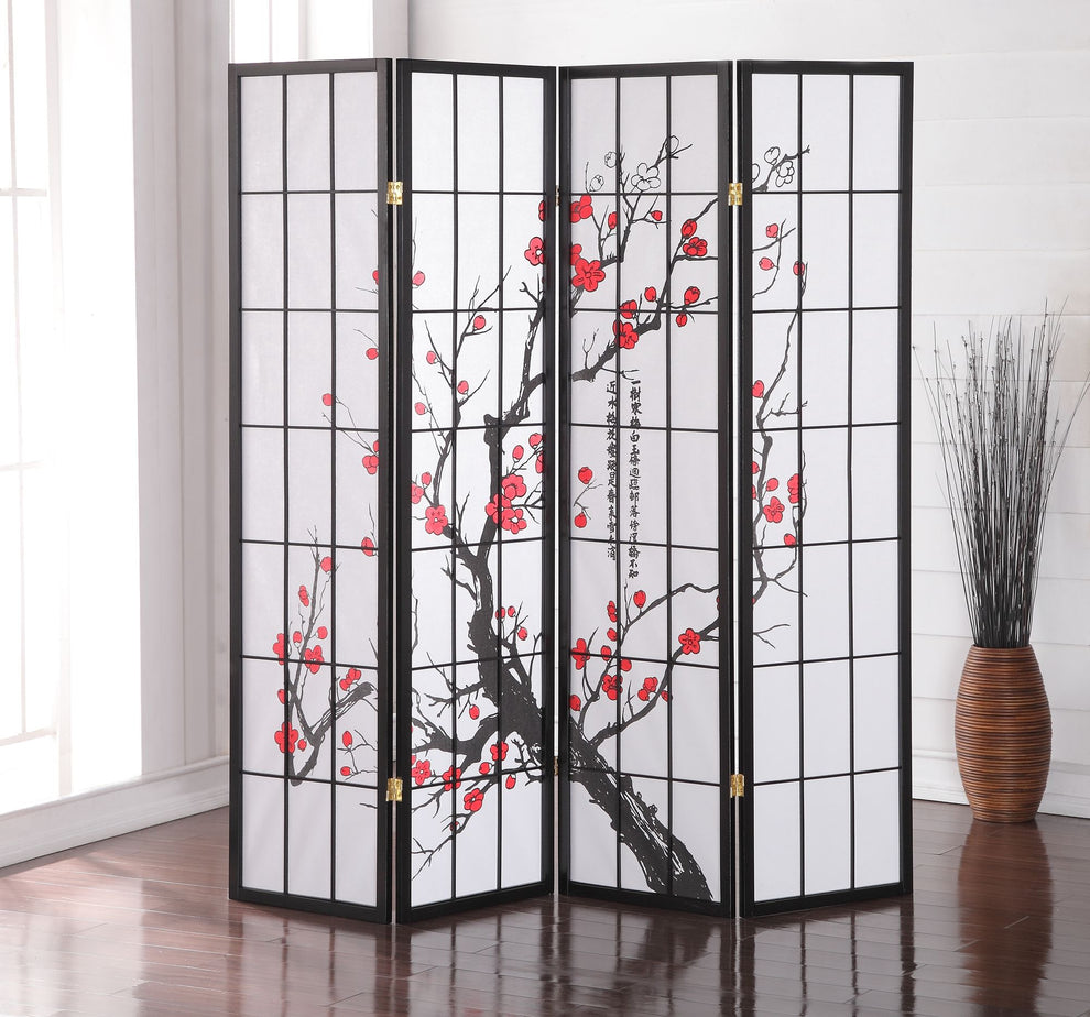Elegant Plum Blossom Black 4-Panel Japanese Room Divider – Far East Finds